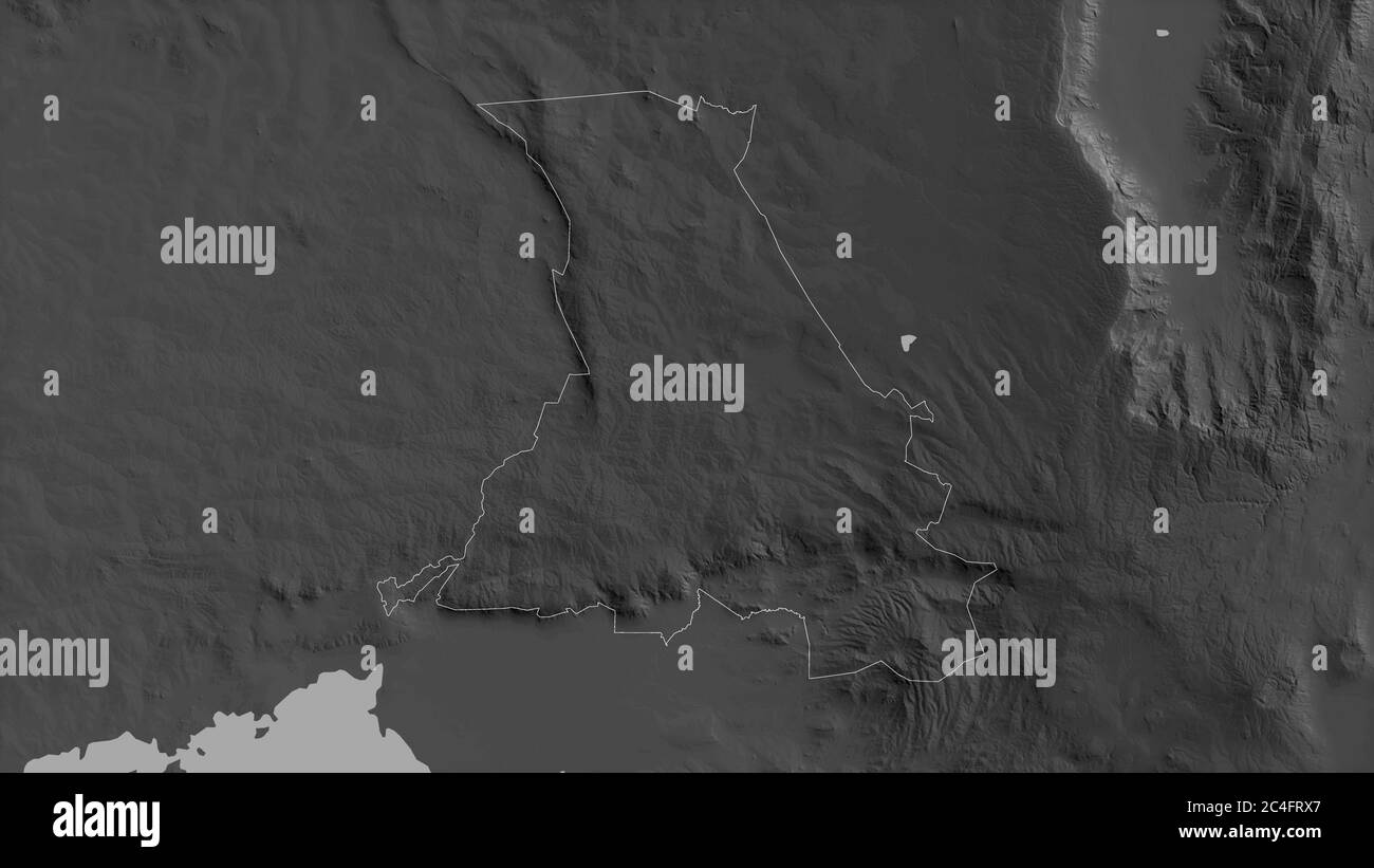 Nandi, county of Kenya. Grayscaled map with lakes and rivers. Shape ...