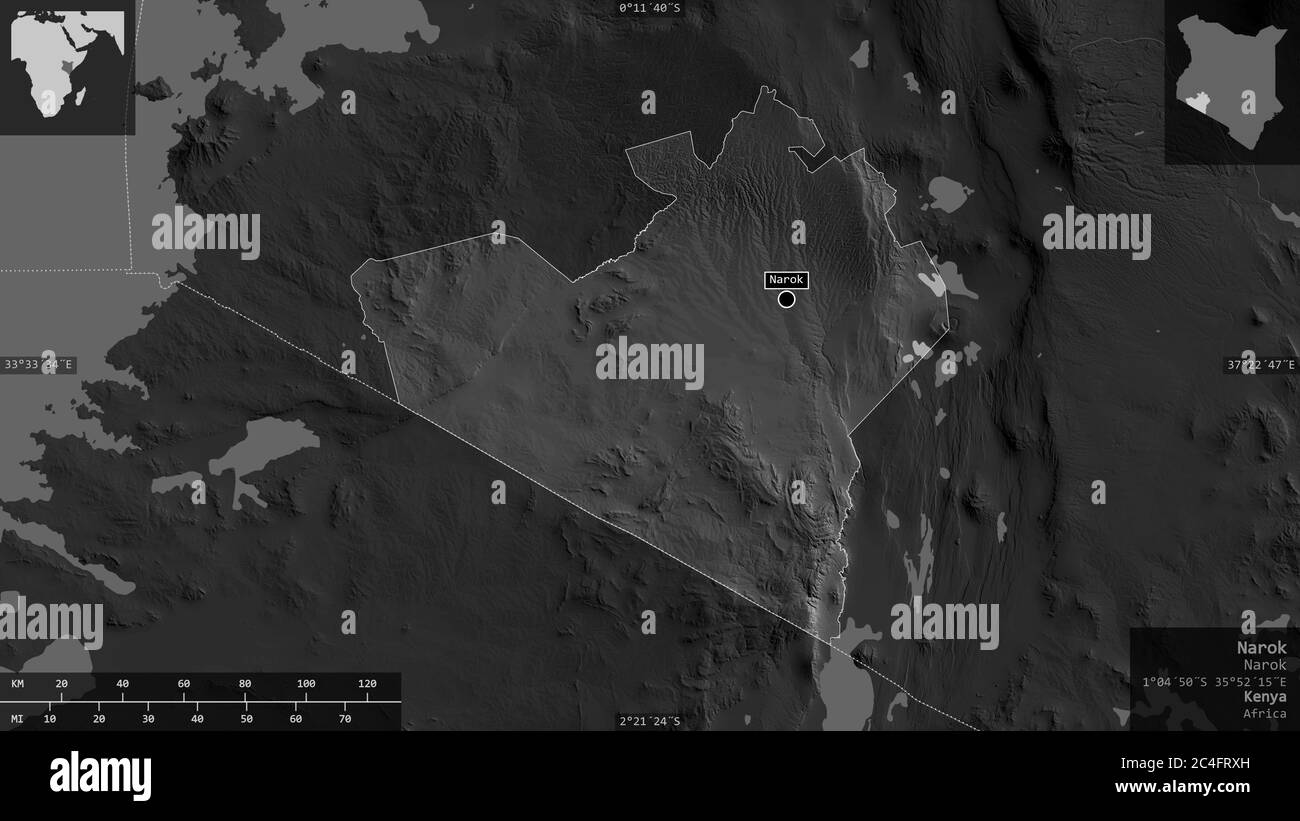 Narok, county of Kenya. Grayscaled map with lakes and rivers. Shape ...