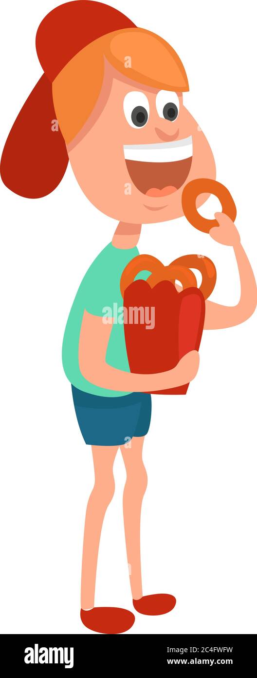 Man eating onion rings, illustration, vector on white background Stock ...
