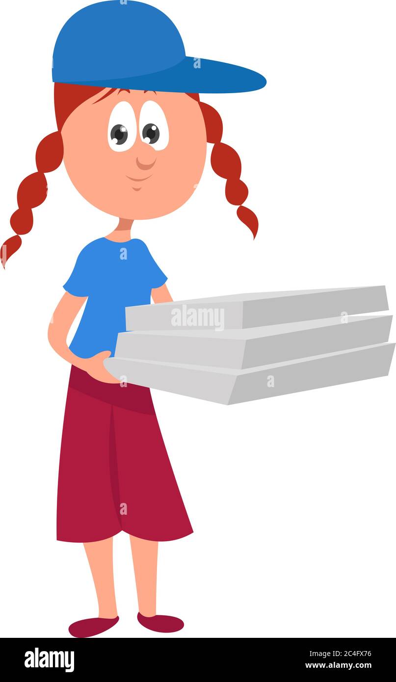 Girl with pizza boxes, illustration, vector on white background Stock ...