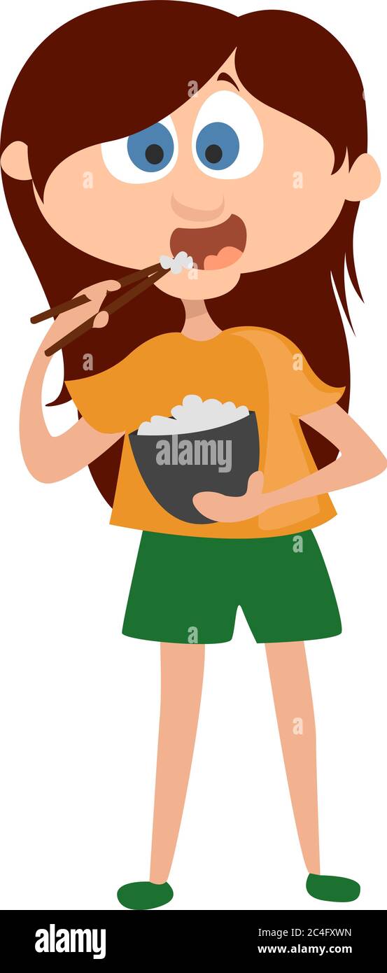 Girl eating rice, illustration, vector on white background Stock Vector ...