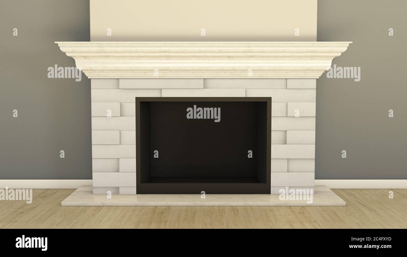 3D render of a fireplace with a marble base and mantle Stock Photo - Alamy