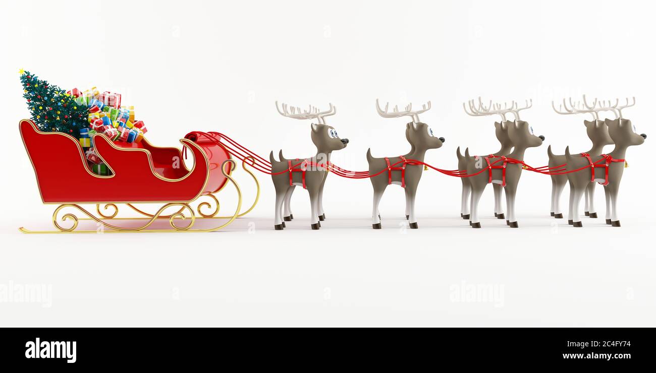 3d rendering of Santa Claus sleigh full of presents and pulled by reindeer Stock Photo - Alamy