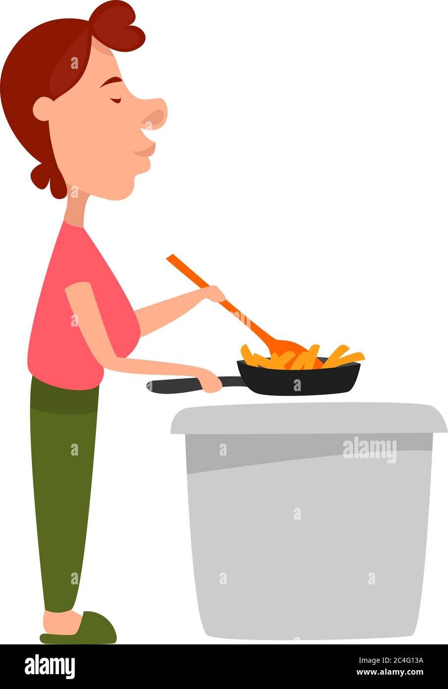 Woman cooking dinner, illustration, vector on white background Stock ...