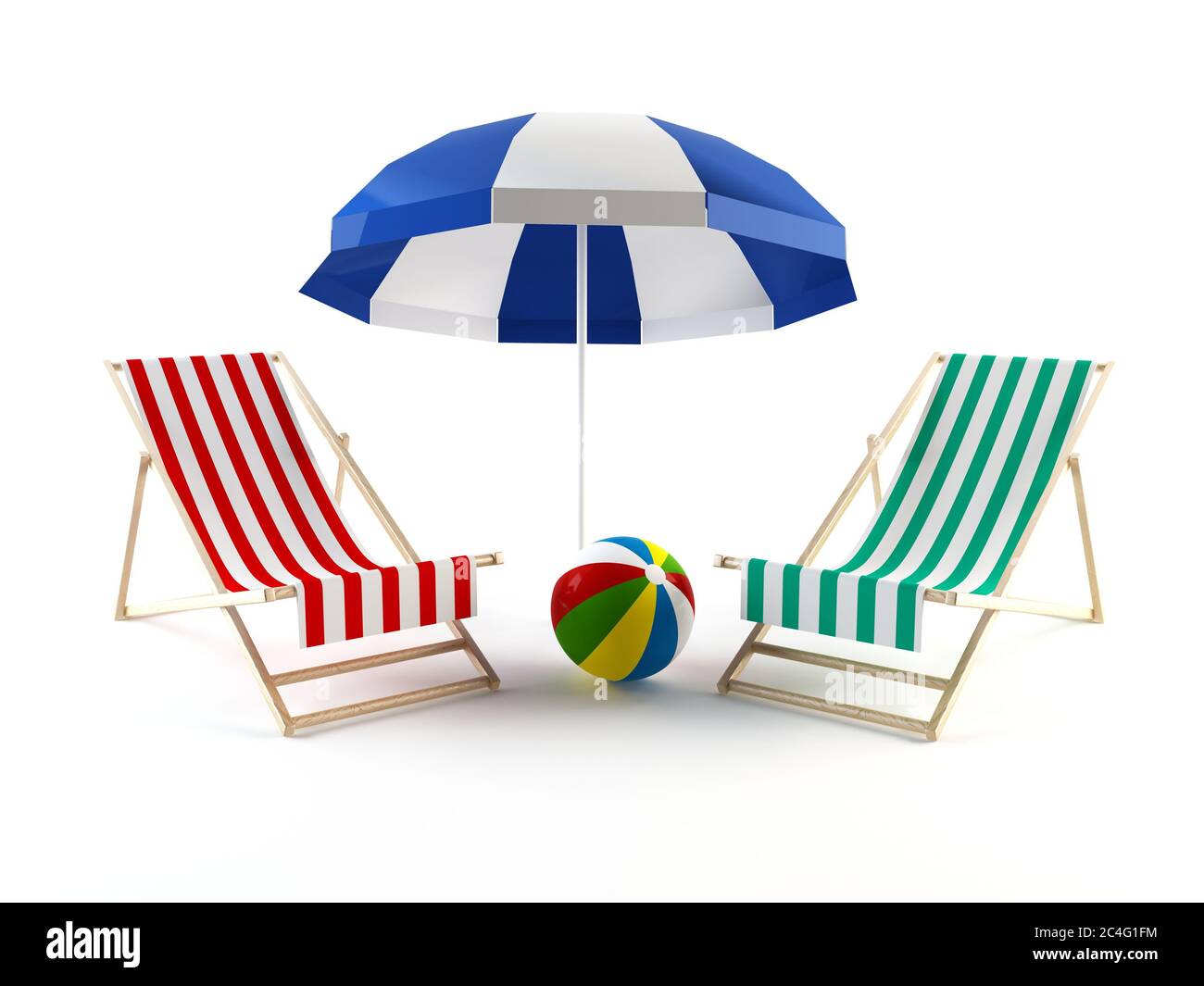 Beach chairs, umbrella and a beach ball Stock Photo - Alamy