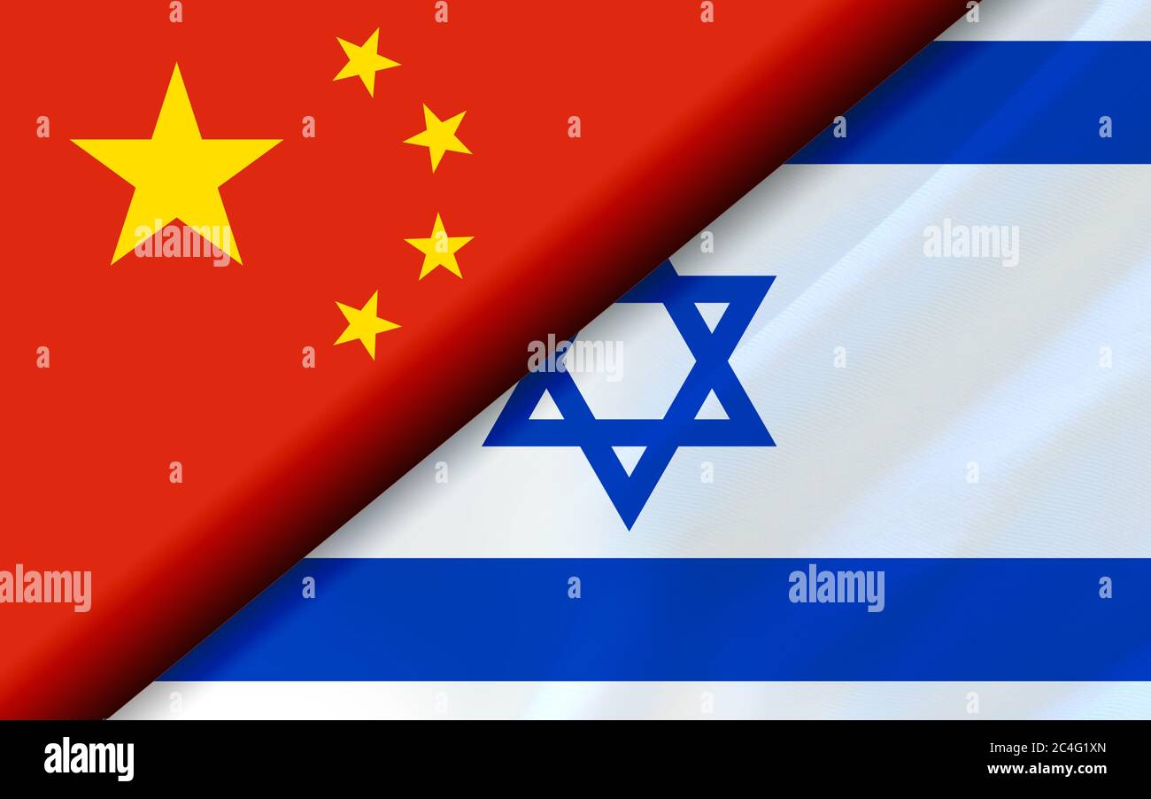 Flags of the China and Israel divided diagonally. 3D rendering Stock ...