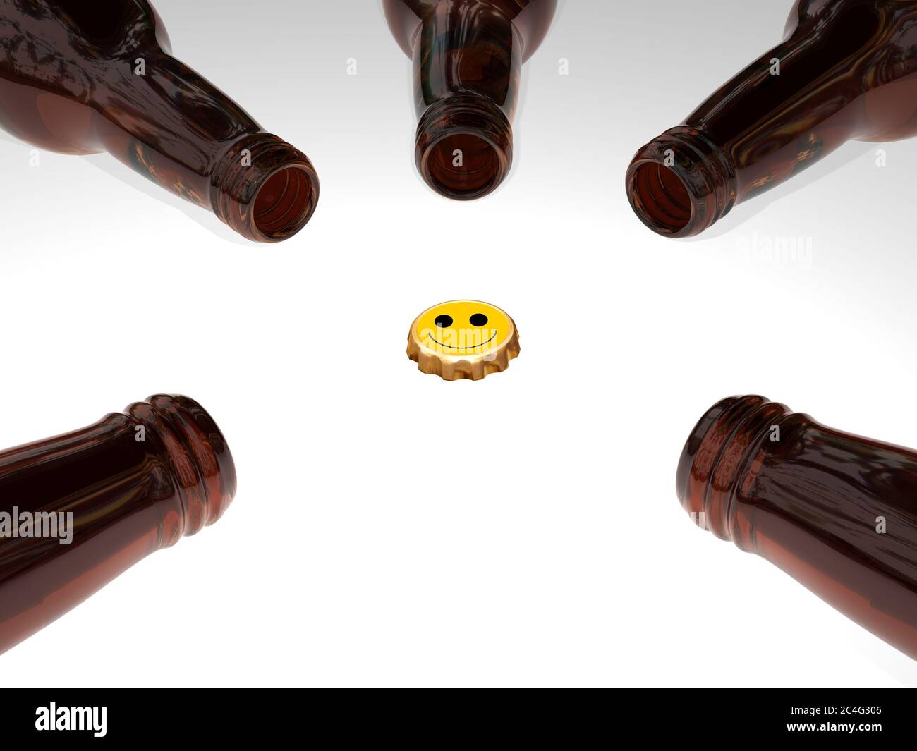 Beer bottles looking at a smiley face cap Stock Photo - Alamy