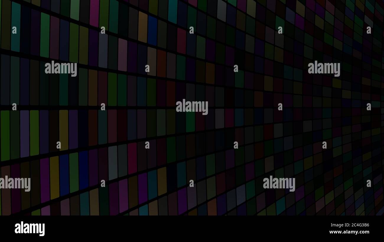Abstract illustration of small multicolored squares or pixels on black ...