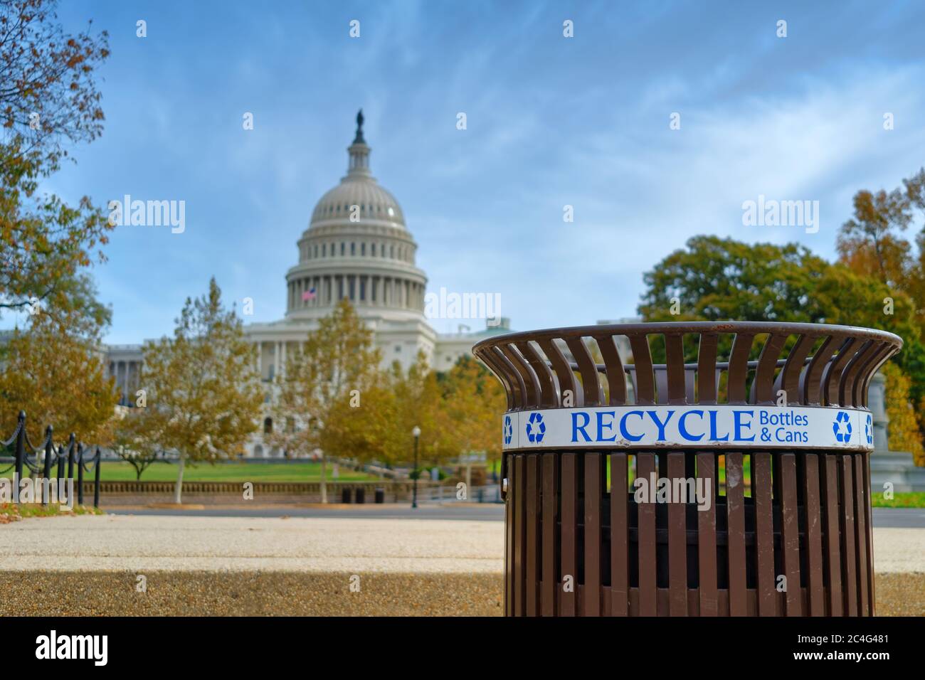 Recycle trash bin for bottles and cans in front of the United States ...