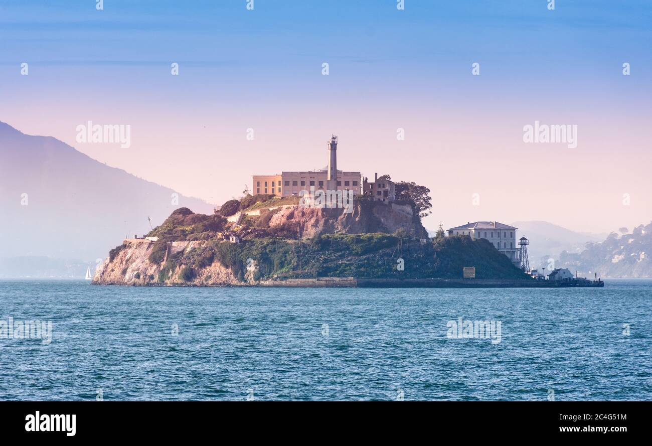 Alcatraz prison - the Rock - from the bay at sunset showing ruins Stock ...