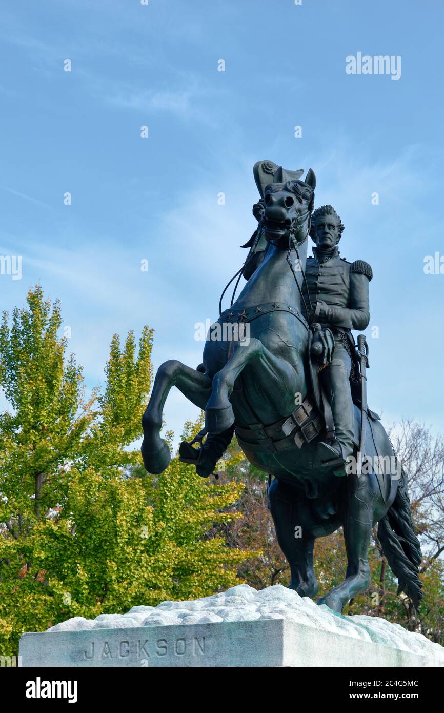 The bronze equestrian statue of Andrew Jackson is located in Lafayette ...