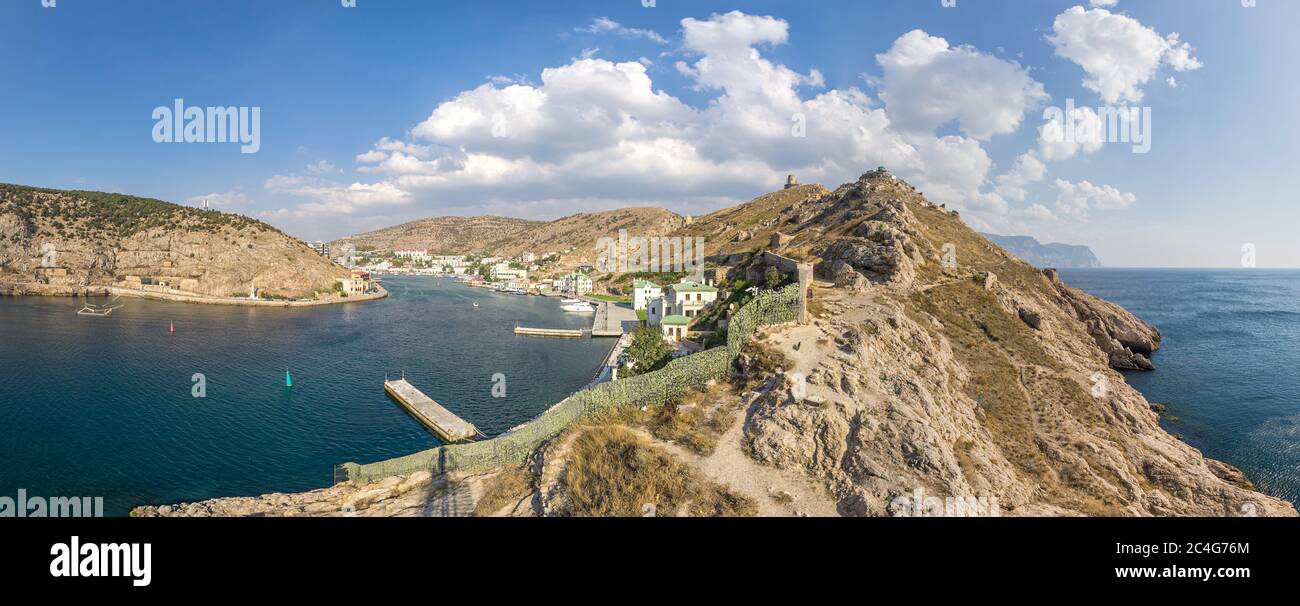 Scenic panoramic view of Balaclava bay with yachts from the ruines of ...