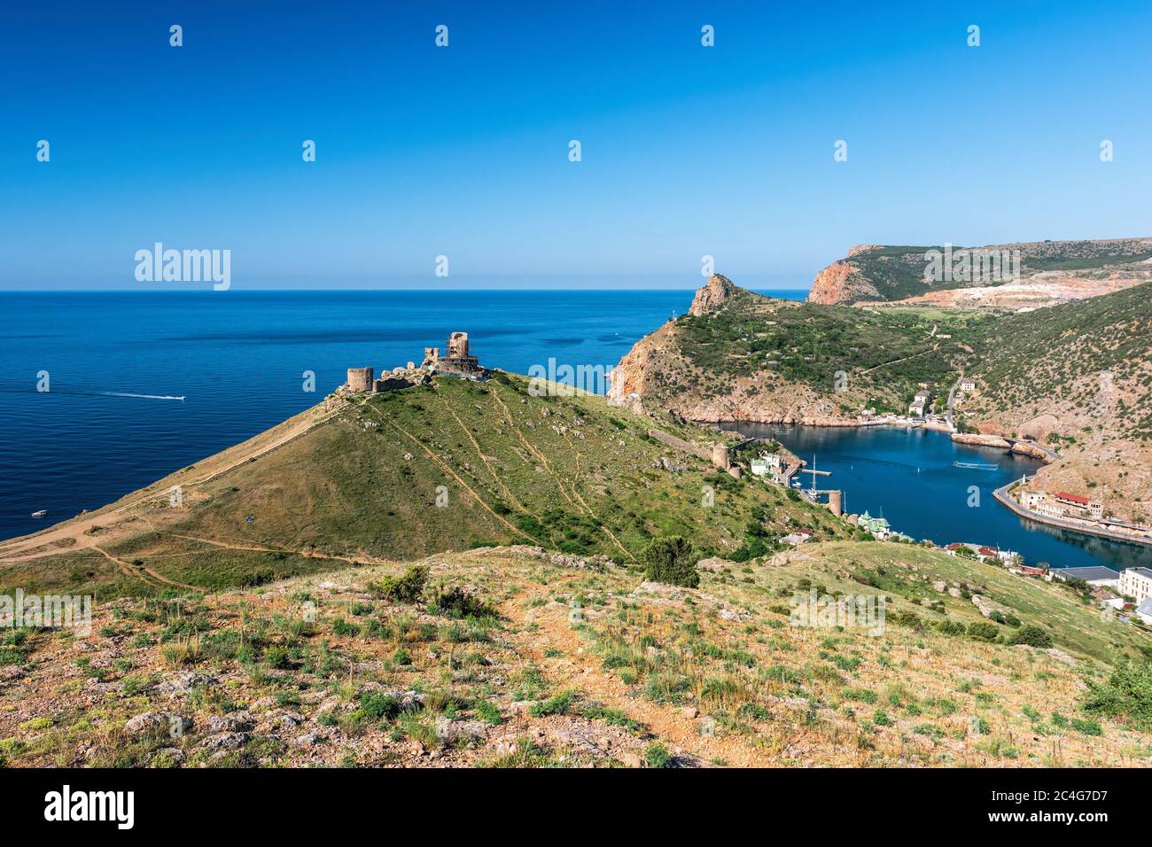 Scenic panoramic view of Balaclava bay with yachts from the ruines of ...