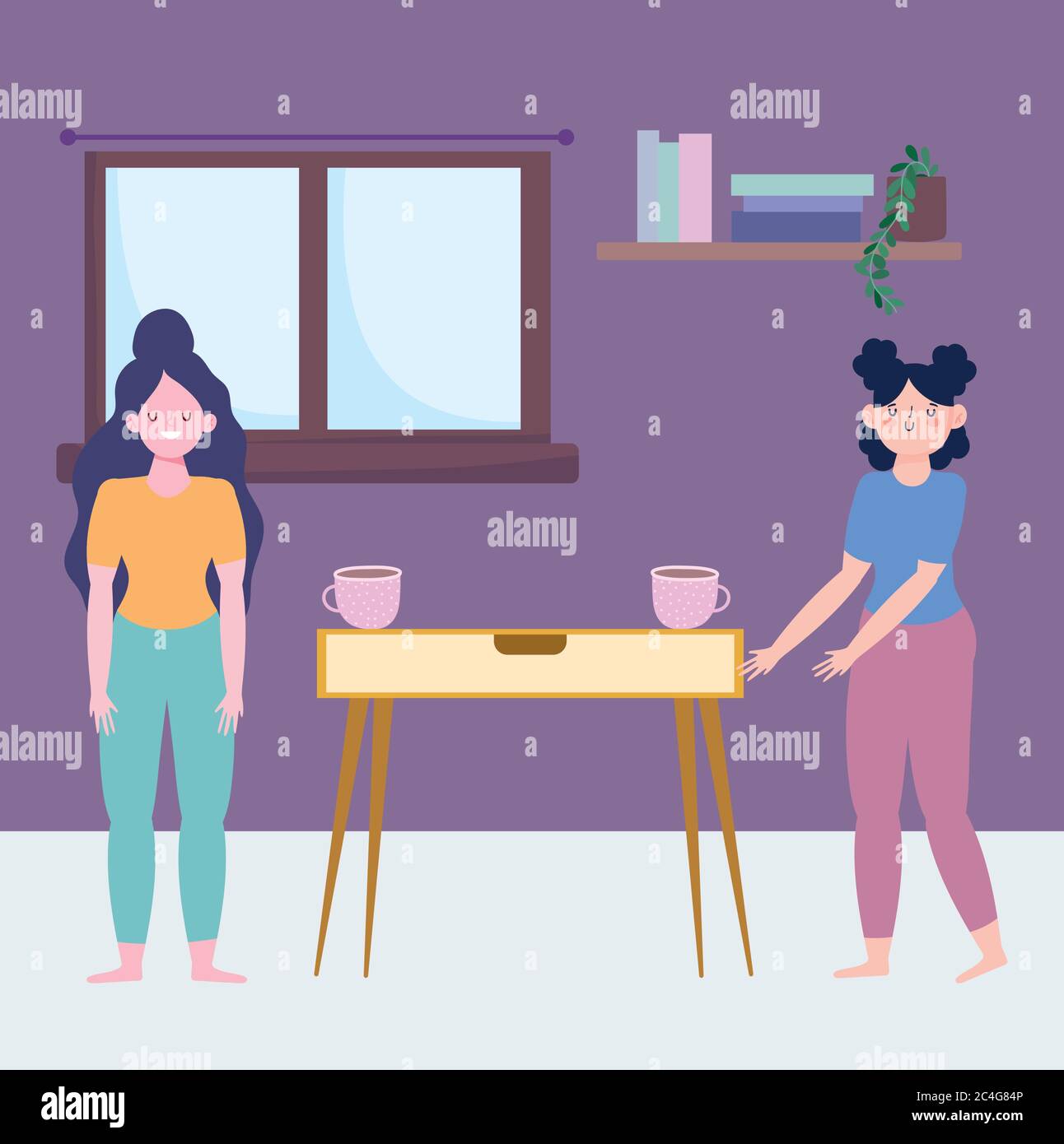 stay at home, girls with coffee cups in the room cartoon, cooking ...
