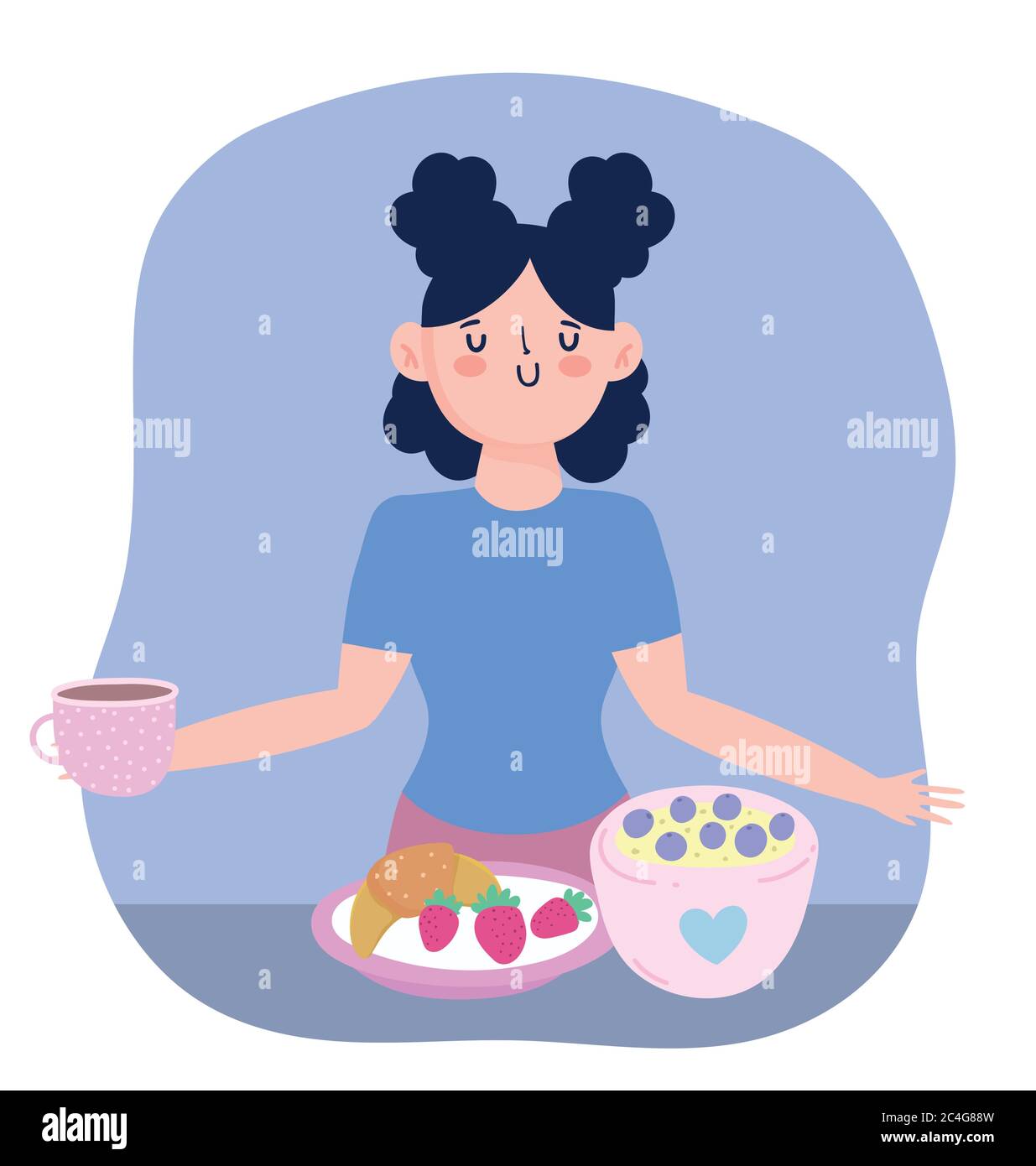 stay at home, girl with coffee cup fruits bread cartoon, cooking ...