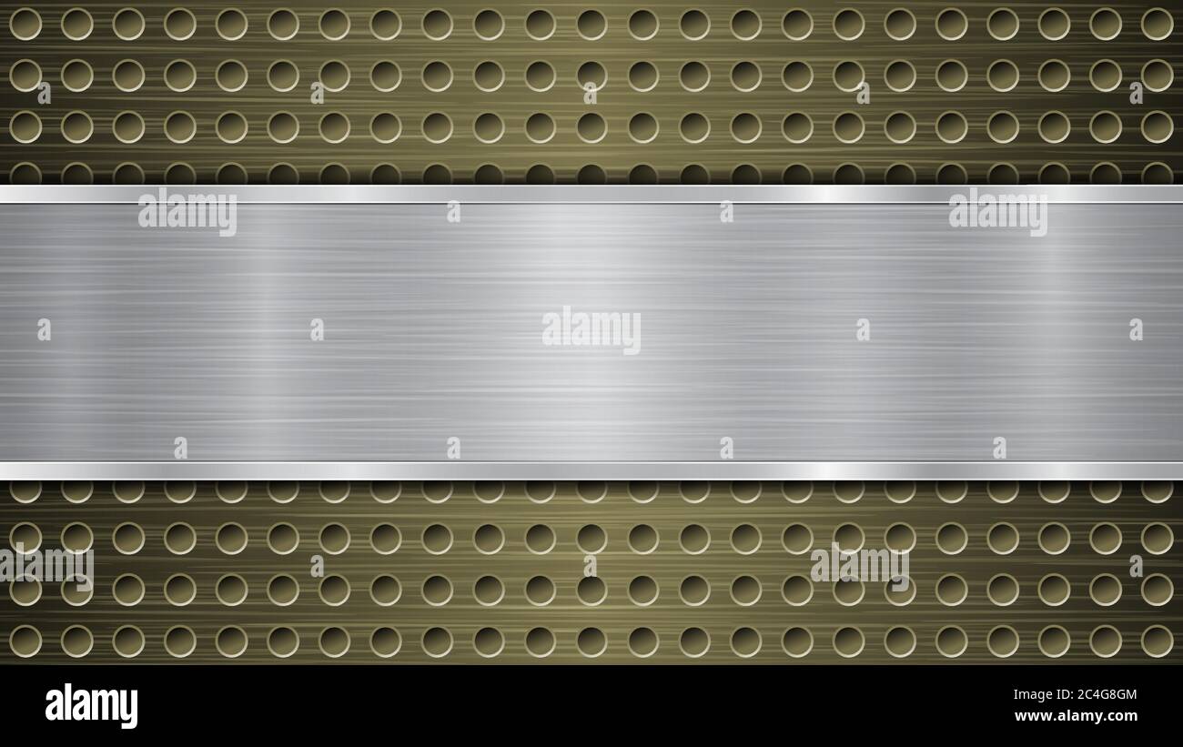Background of golden perforated metallic surface with holes and silver ...