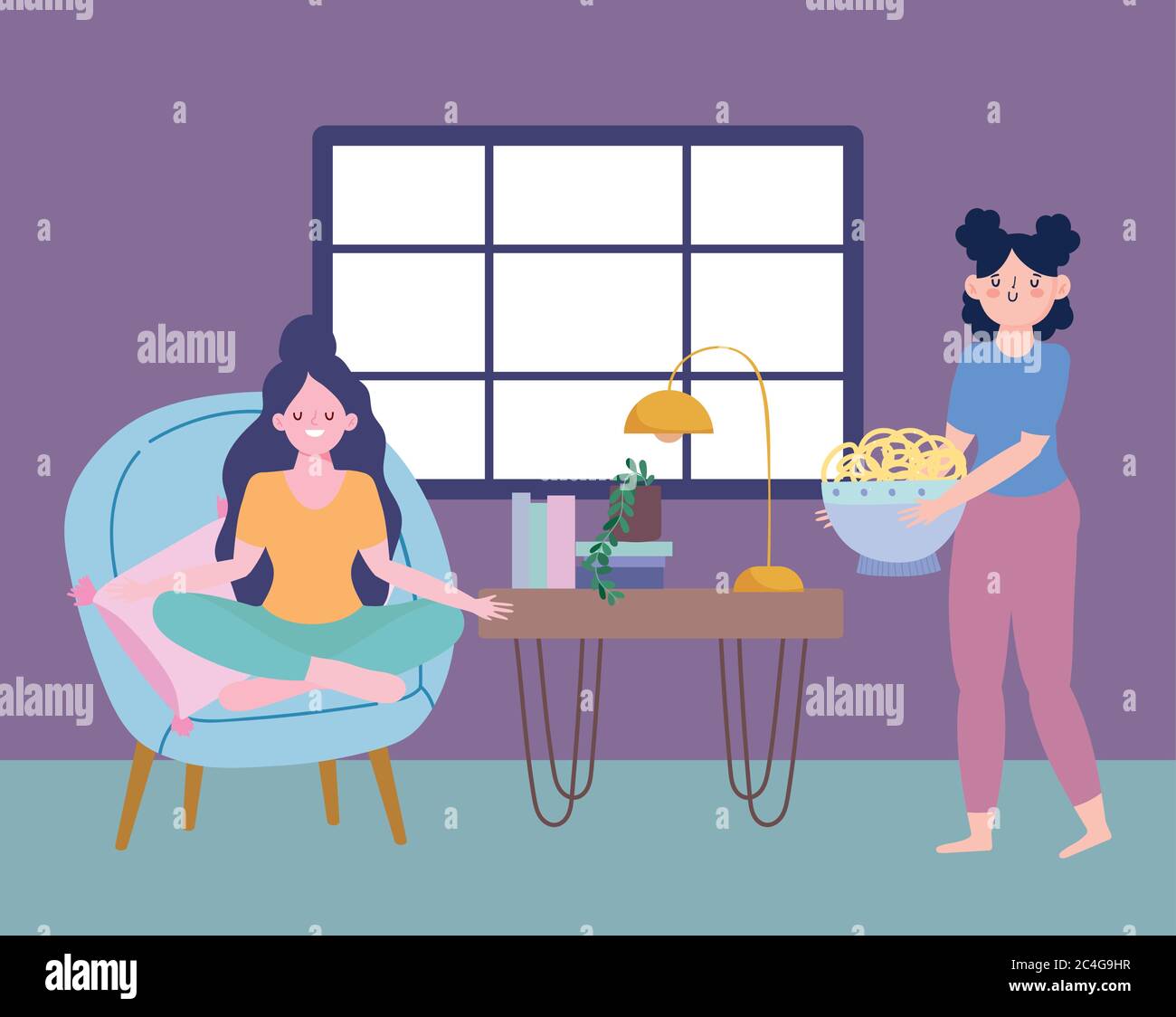 stay at home, woman with noodles in bowl and girl sitting on chair ...