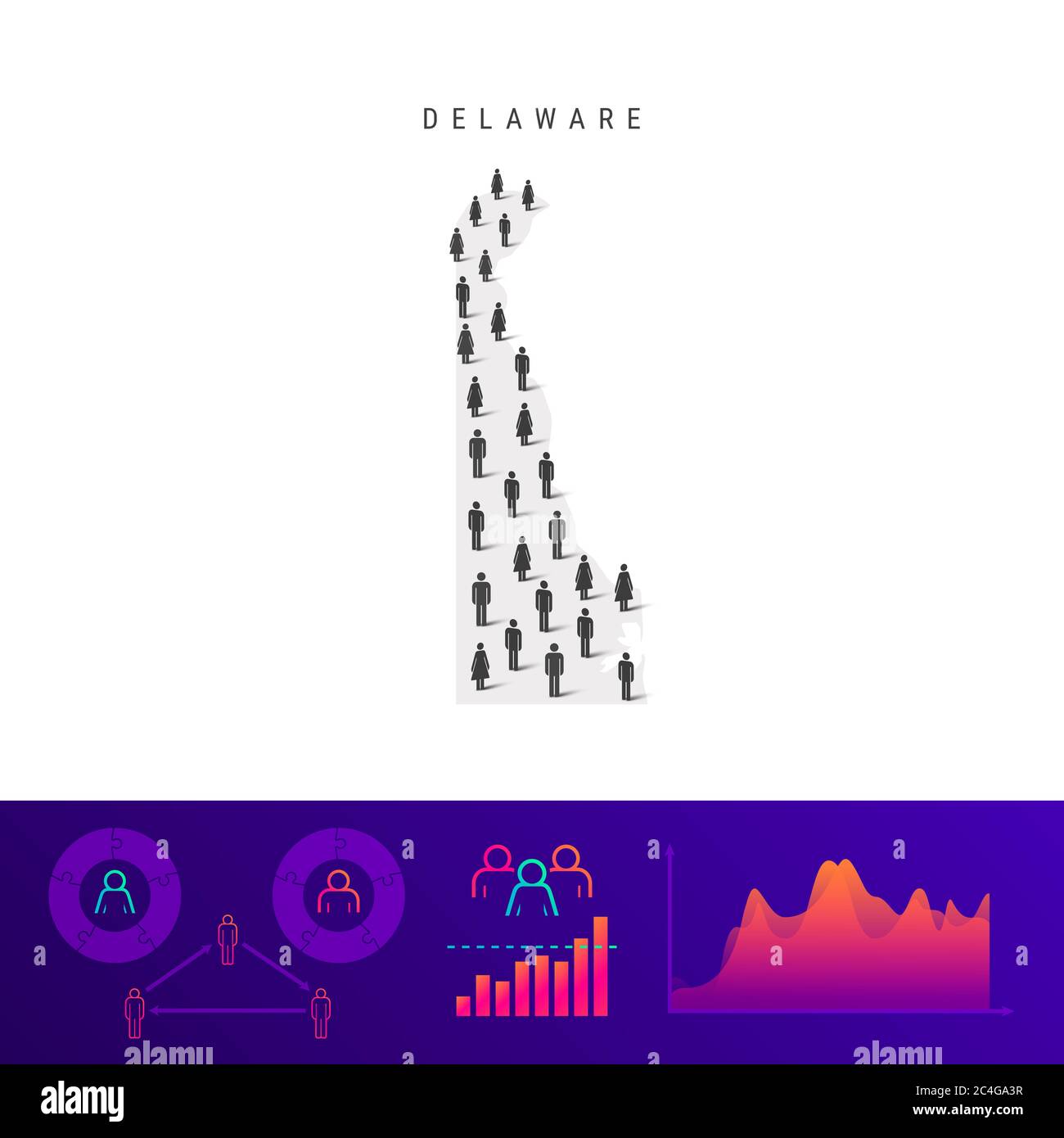 Delaware people map. Detailed silhouette. Mixed crowd of men and women ...