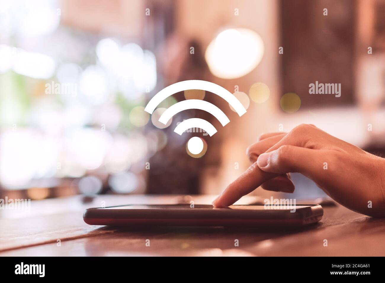 Wifi sign icon and connection screen of smartphone with top view city ...