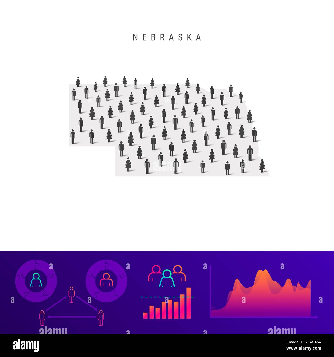 Nebraska people map. Detailed silhouette. Mixed crowd of men and women ...