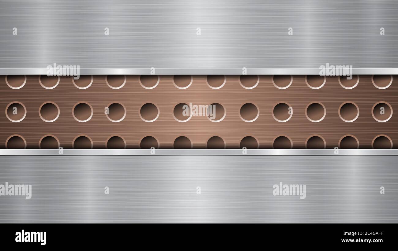 Background of bronze perforated metallic surface with holes and two ...