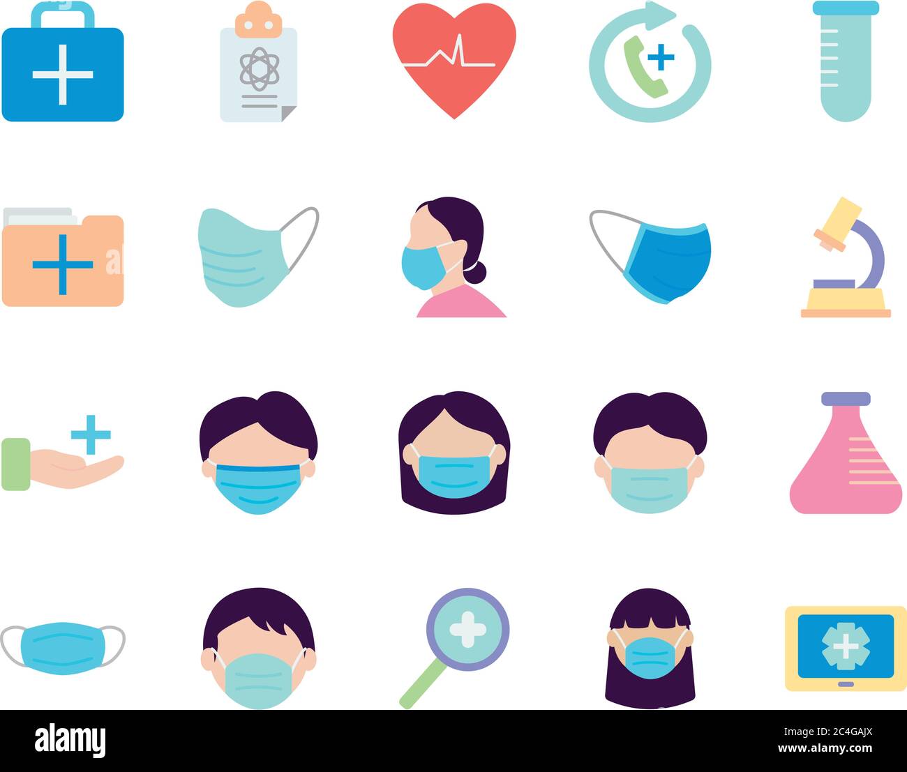 magnifying glass and medical care icon set over white background, flat ...