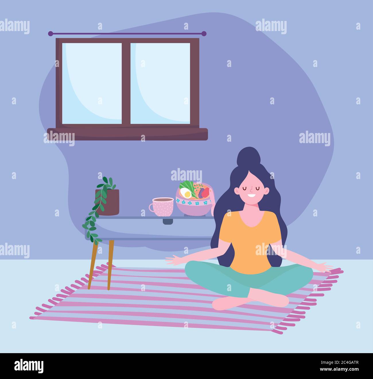 stay at home, girl sitting on floor with food in table cartoon ...