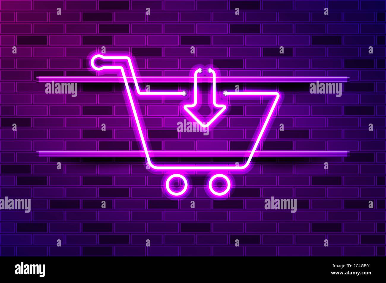 Convenience store, shopping cart glowing neon sign or LED strip light ...