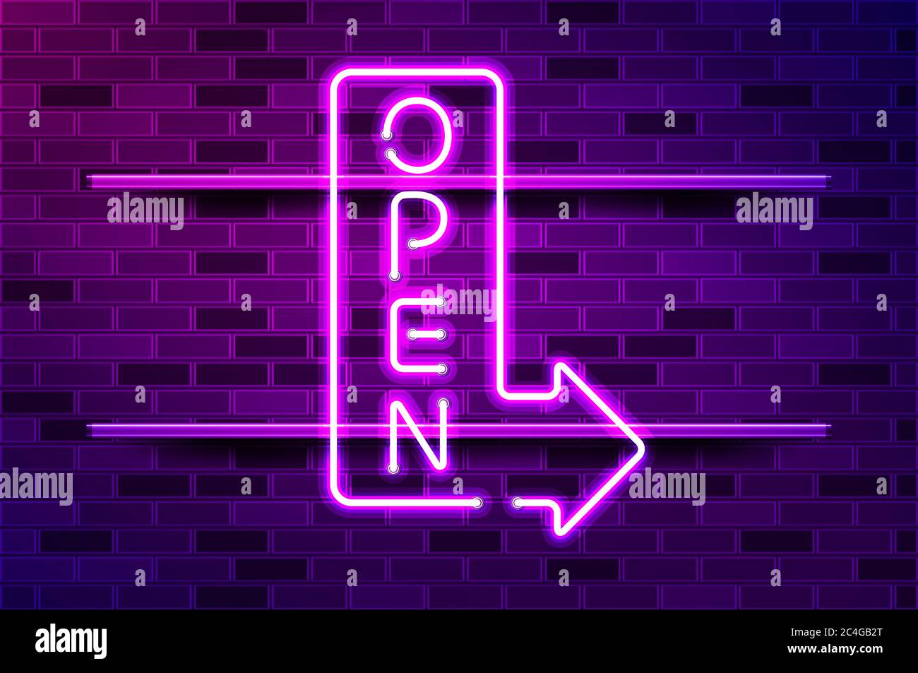 Open glowing purple neon arrow. Realistic illustration. Purple brick ...