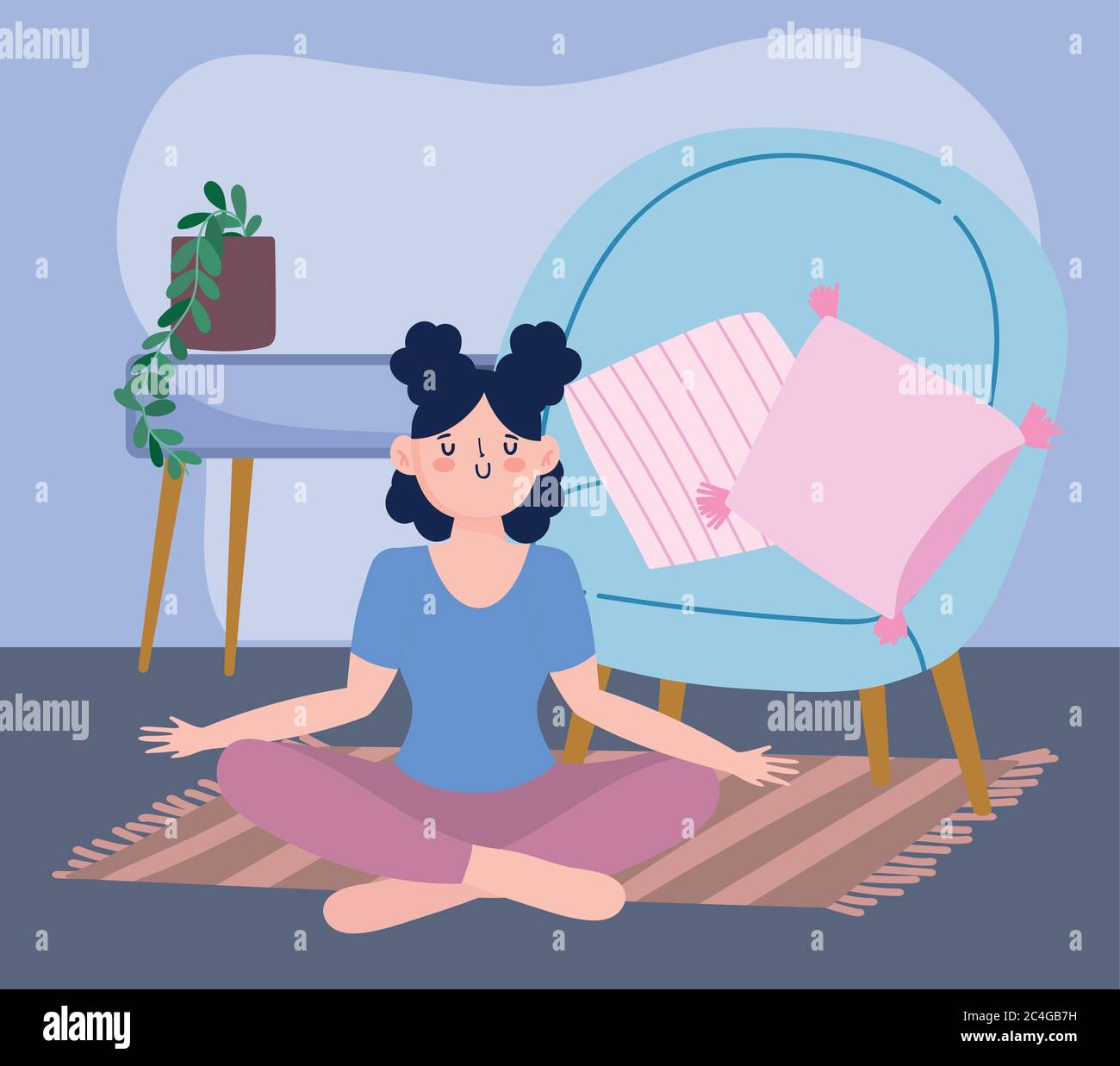 stay at home, girl in yoga meditation on floor, self isolation ...