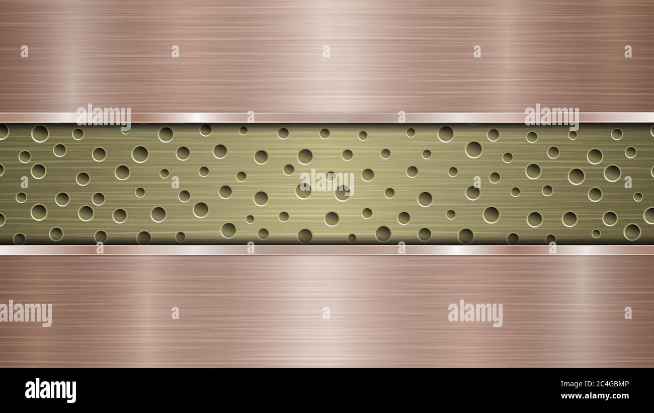 Background of golden perforated metallic surface with holes and two ...