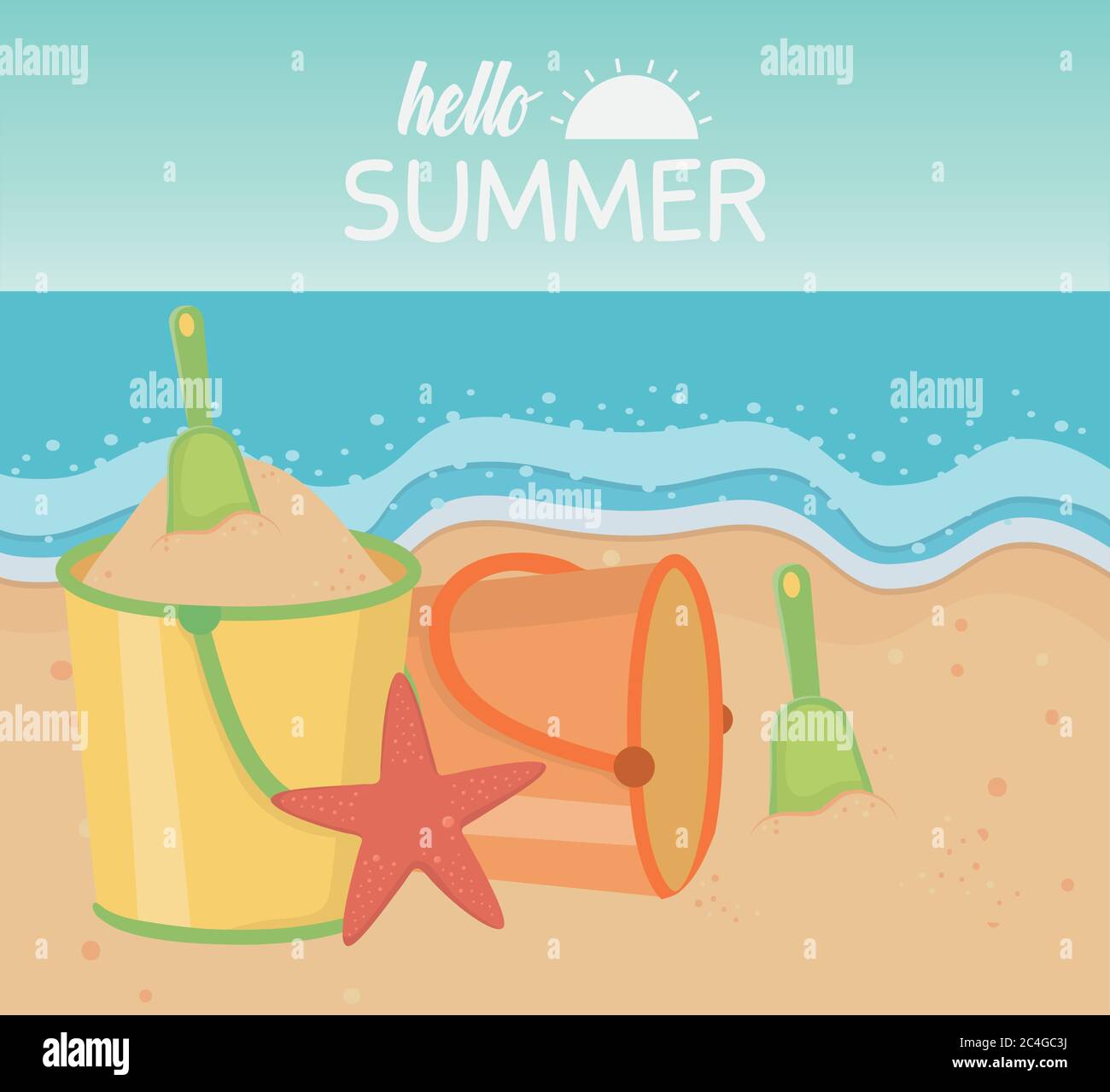 hello summer travel and vacation sand bucket shovel starfish beach sea ...
