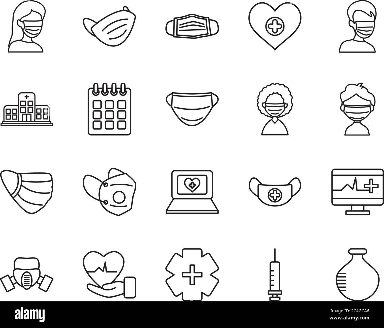 hospital building and medical icon set over white background, line ...