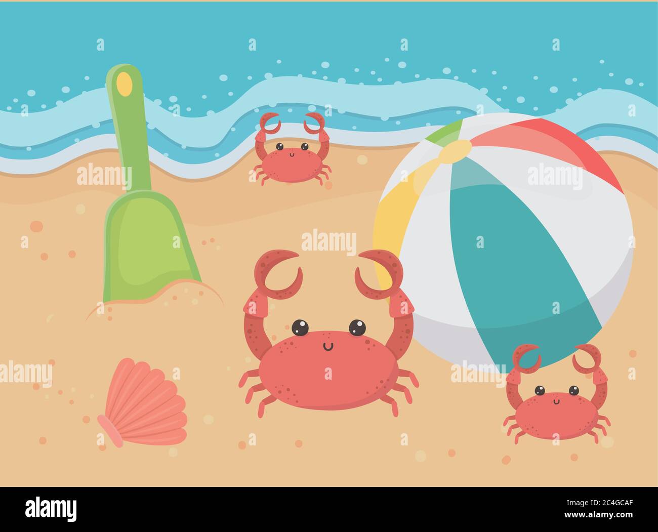 summer travel and vacation beach ball crabs shell shovel sea vector ...