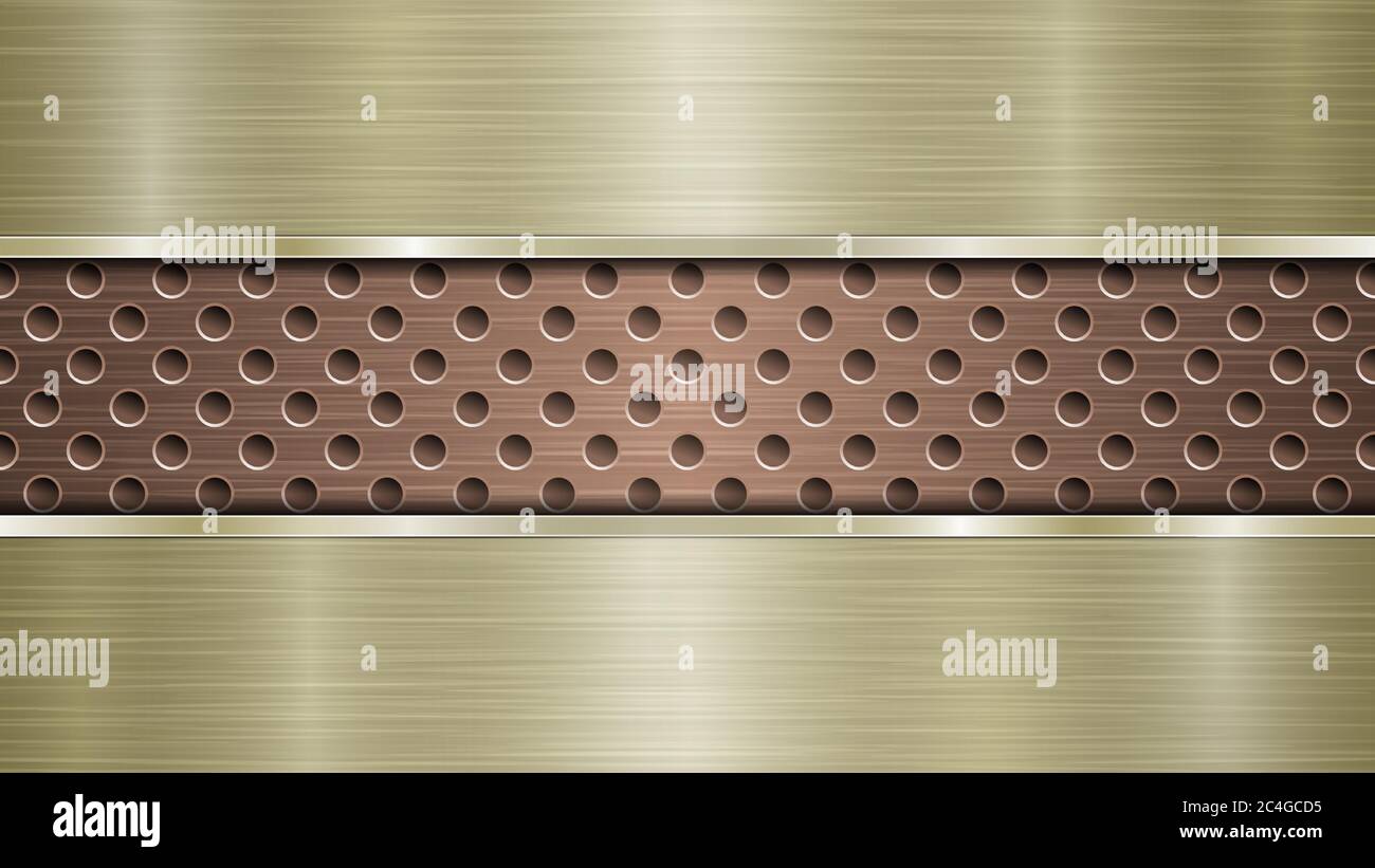 Background of bronze perforated metallic surface with holes and two ...