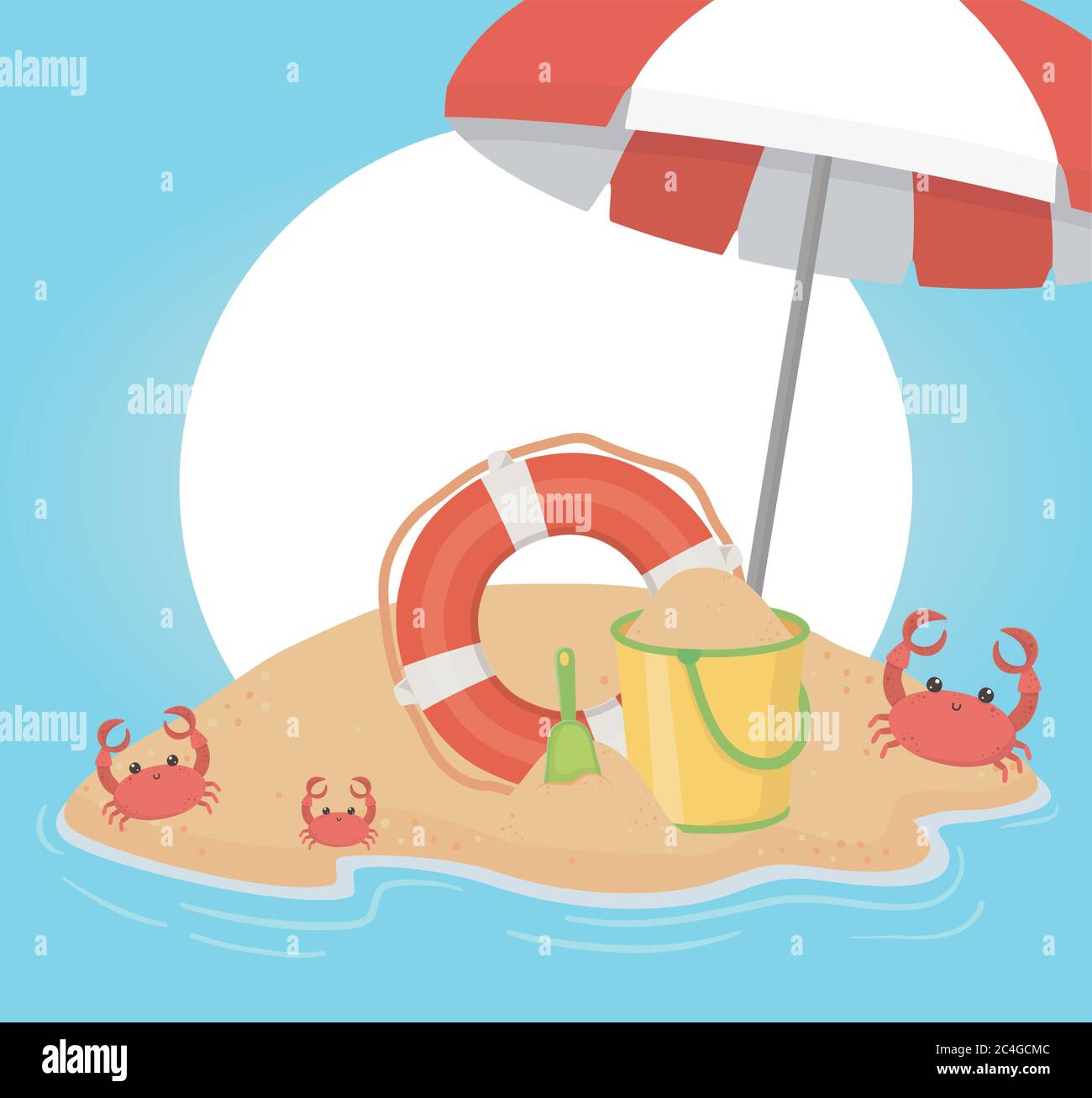 summer travel and vacation float umbrella bucket crabs beach sand sea ...