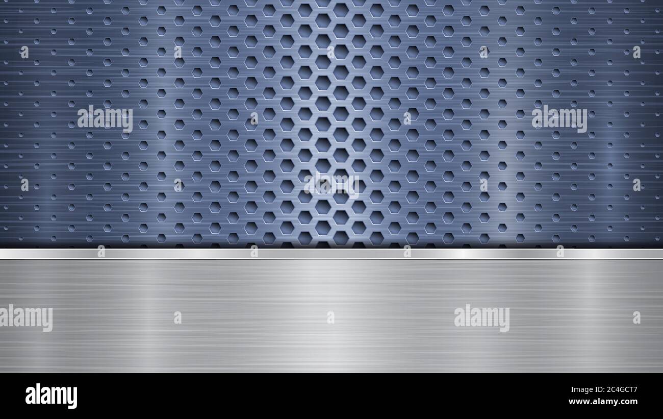 Background of blue perforated metallic surface with holes and ...