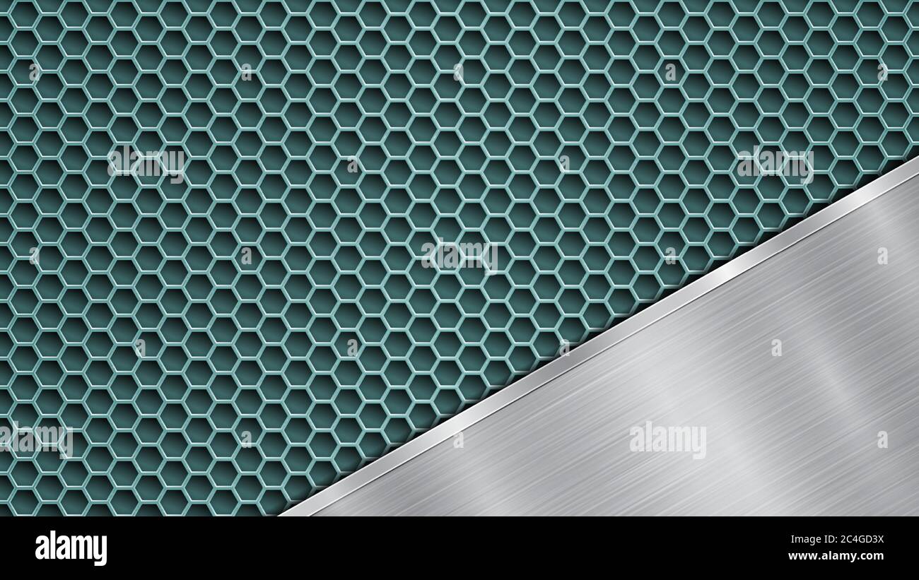 Background of light blue perforated metallic surface with holes and ...