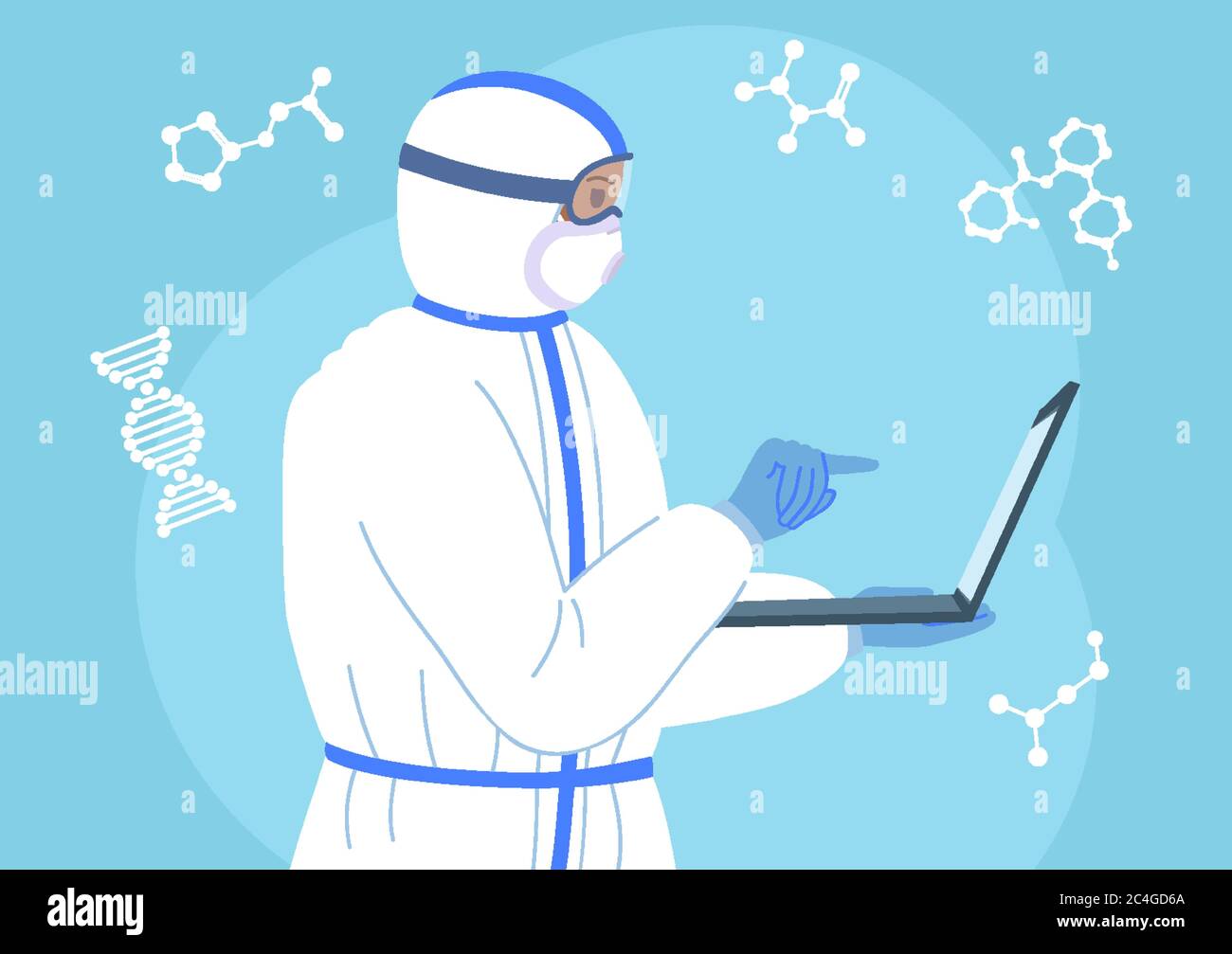 Scientist professor works on laptop in protective suit, mask. Chemical ...