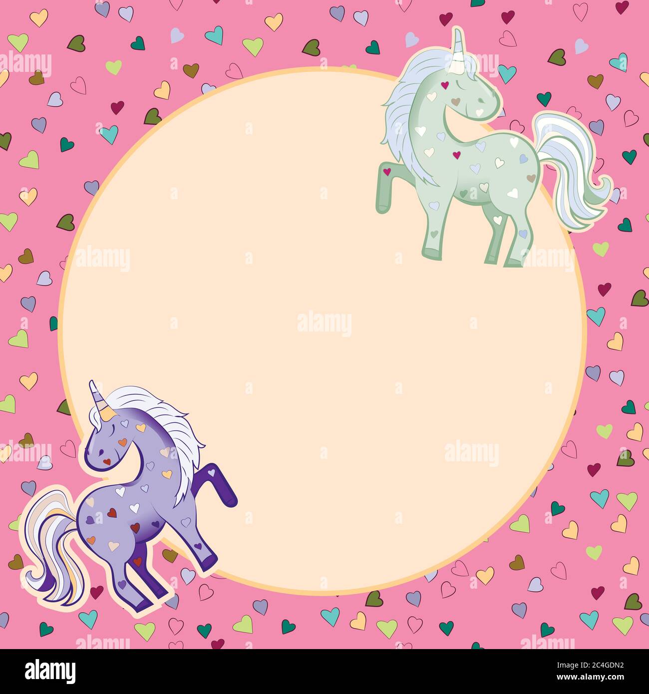 Unicorns in pastel colors on the background of hearts. Vector graphics ...