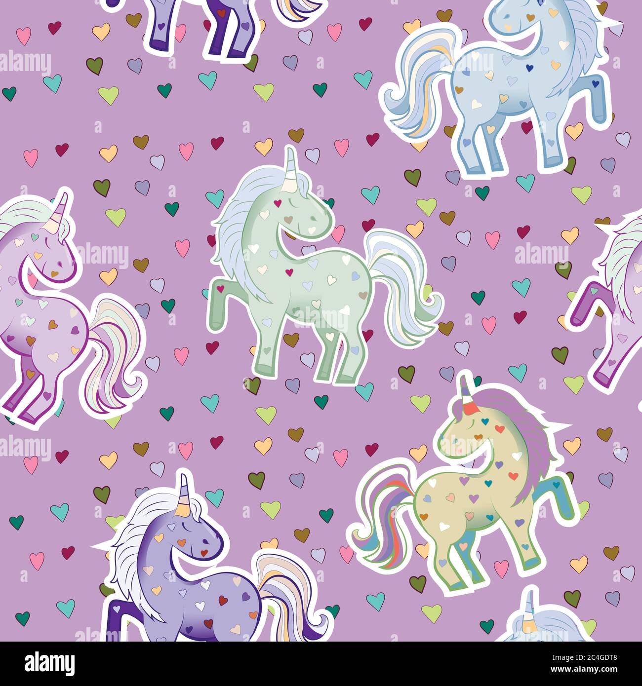 Unicorns in pastel colors on the background of hearts. vector ...