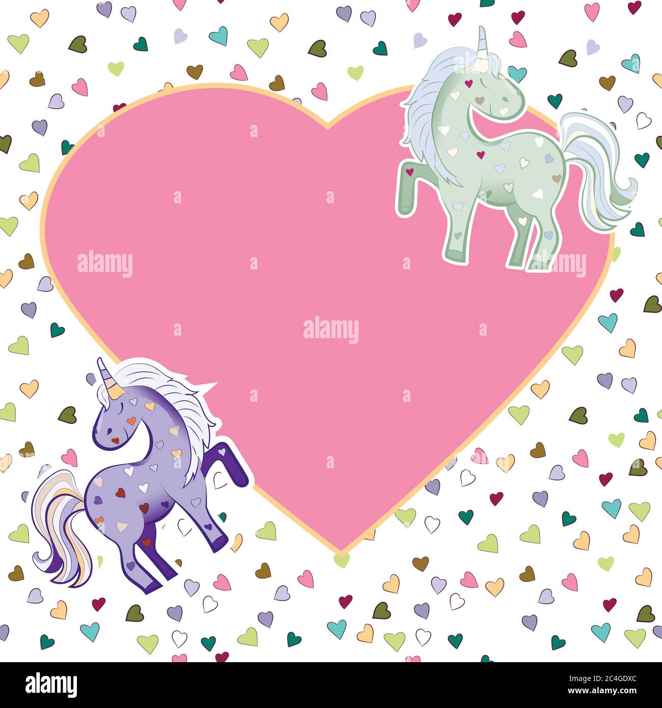 Unicorns in pastel colors on the background of hearts. Vector graphics ...