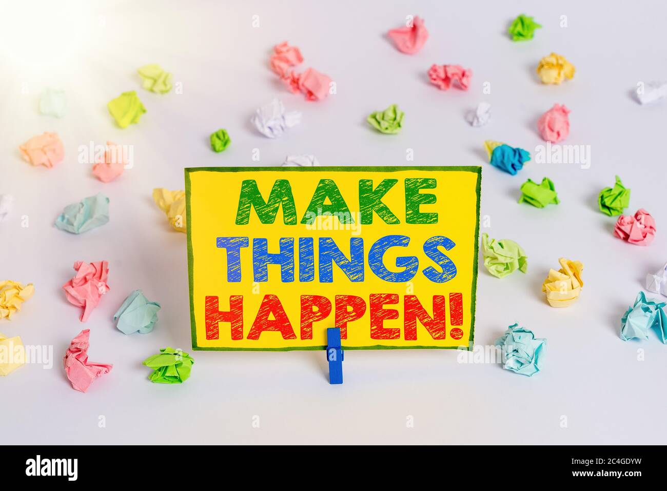 Writing note showing Make Things Happen. Business concept for ...