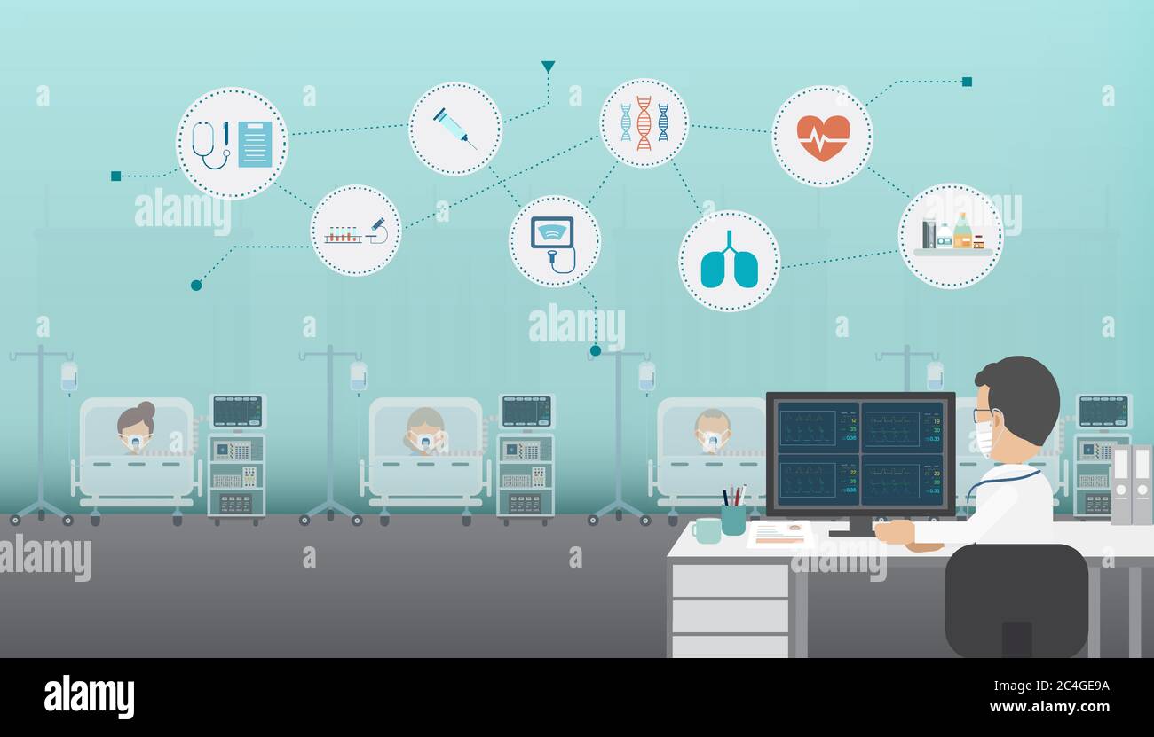 Medical service concept with patient and ventilator flat design vector ...