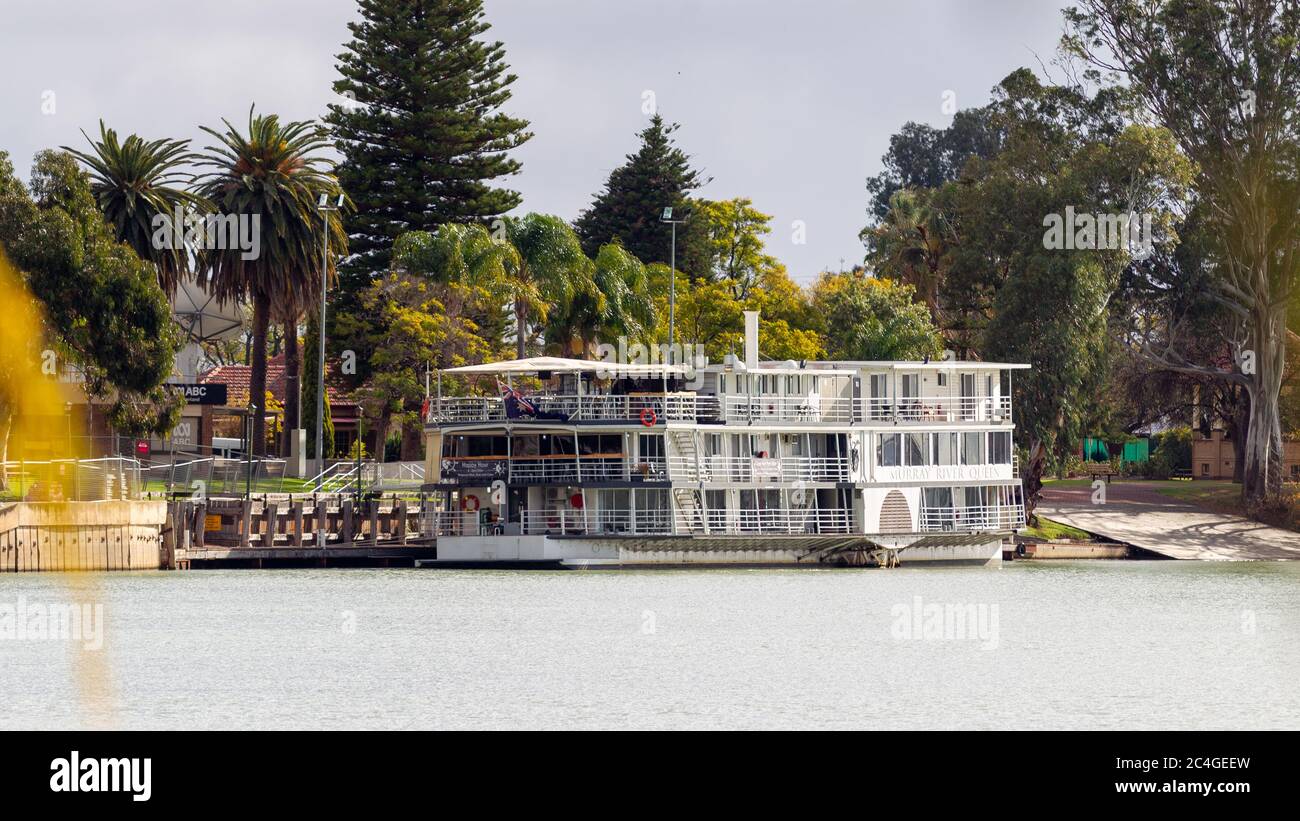 The River Murray Queen house boat docked on the foreshore of Renmark in ...