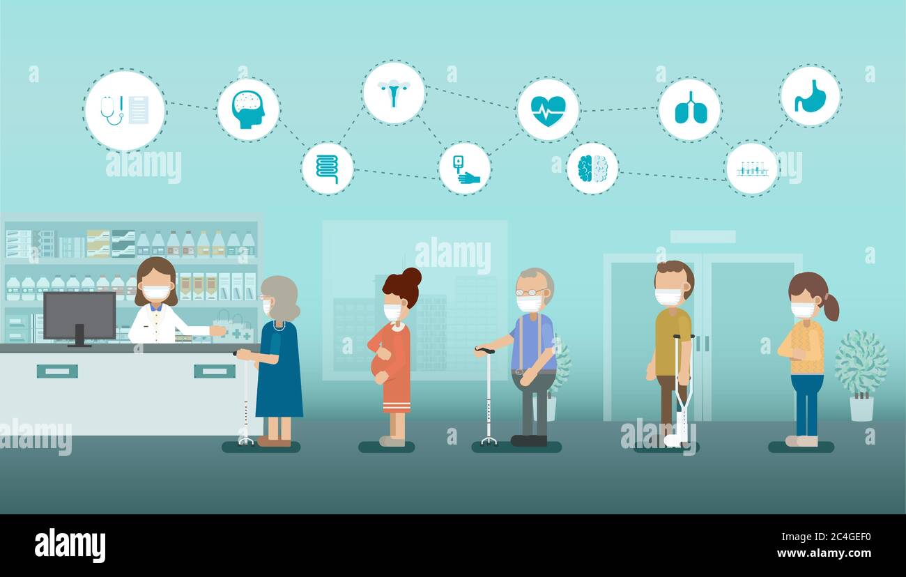 Pharmacy with pharmacist and medical icons flat design vector ...