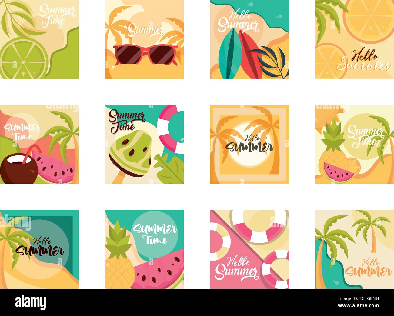 hello summer travel and vacation season banner icons set vector ...