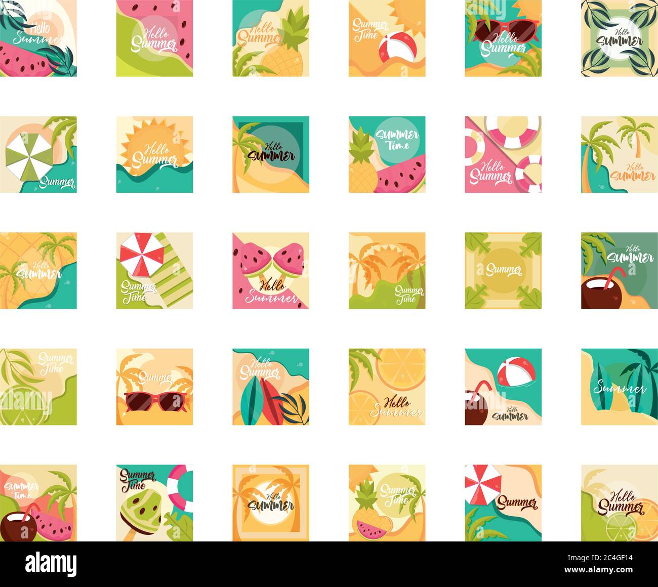 hello summer travel and vacation season banner icons set vector ...