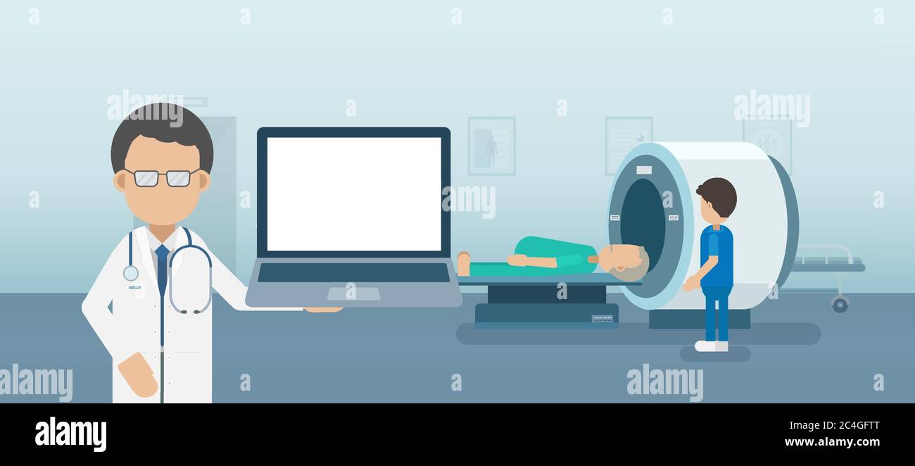 Medical service concept with blank screen notebook and patient with mri ...