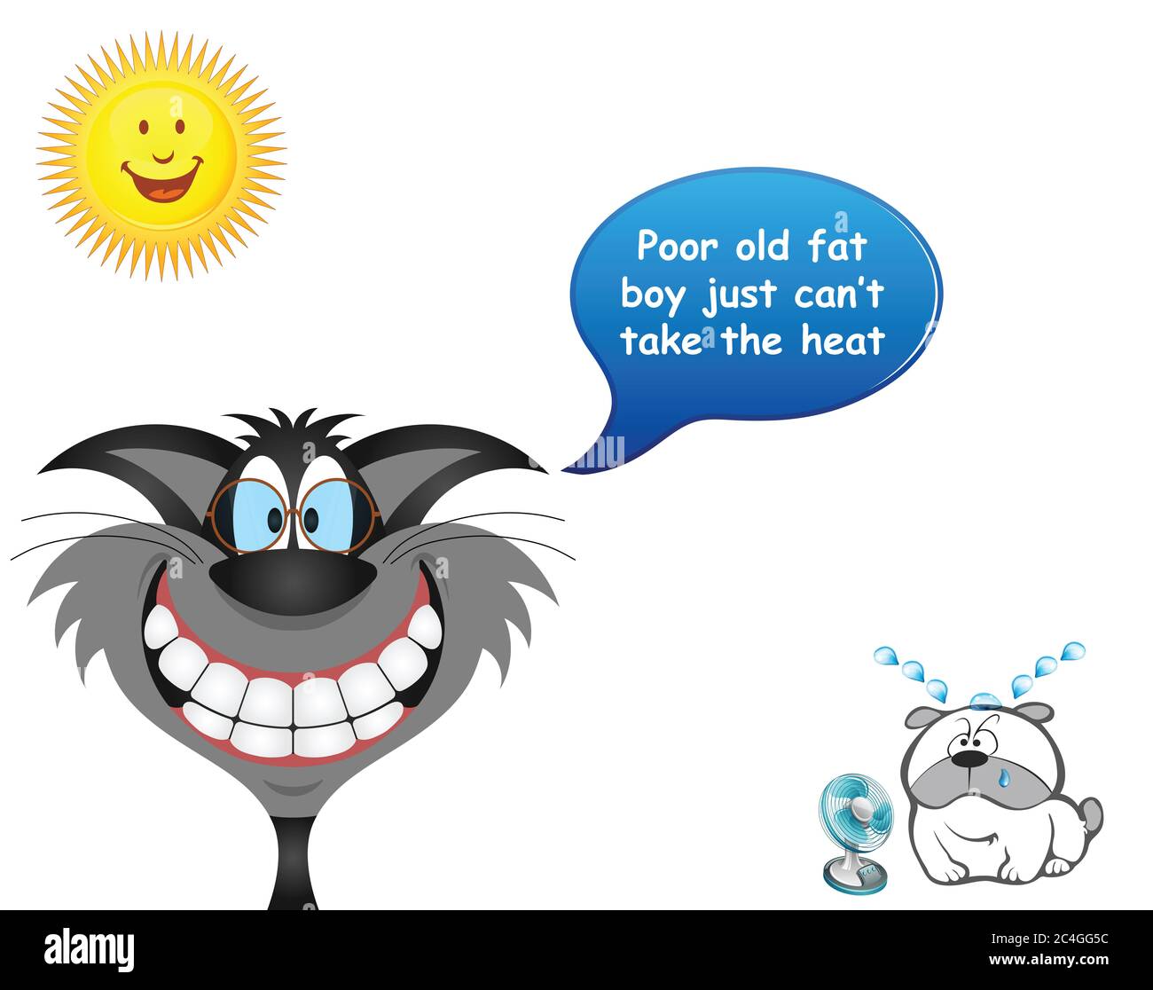 Comical cool cat with overweight dog sweating in the hot weather ...